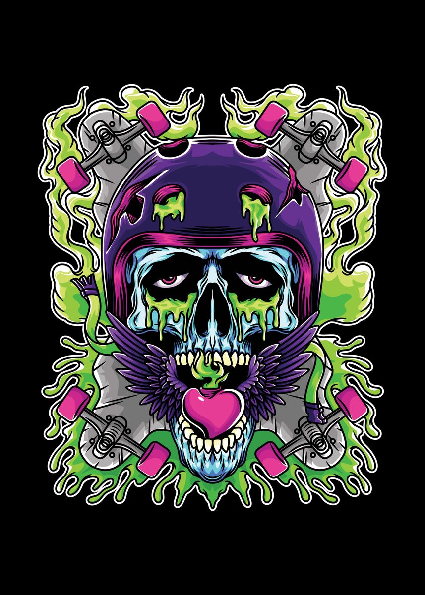 'skull longboard ' Poster, picture, metal print, paint by hendra ...