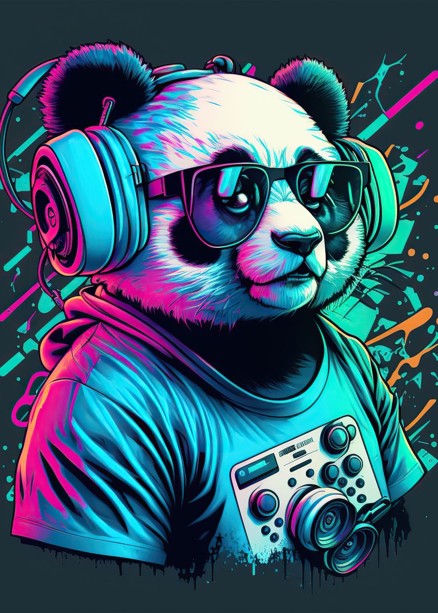 'Panda listening to music' Poster, picture, metal print, paint by ...