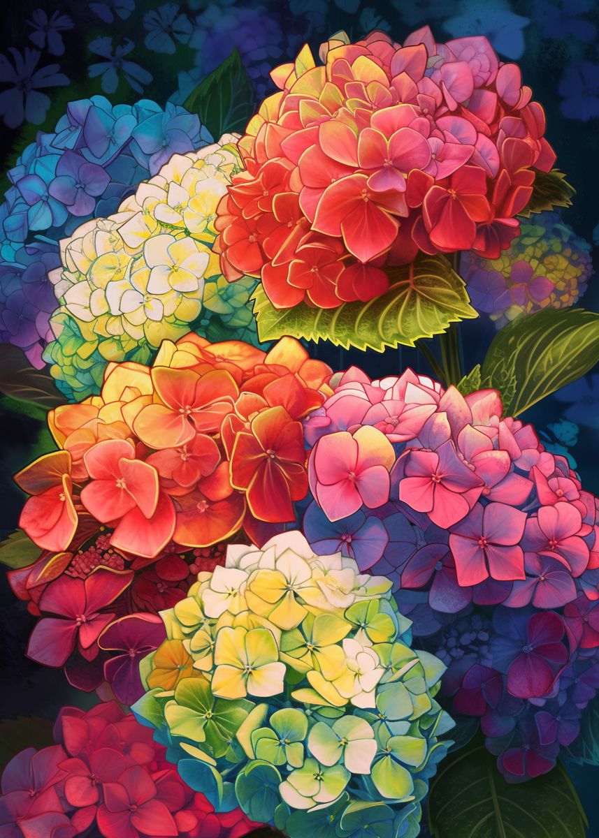 'Rainbow Hydrangeas' Poster, picture, metal print, paint by Izakki | Displate