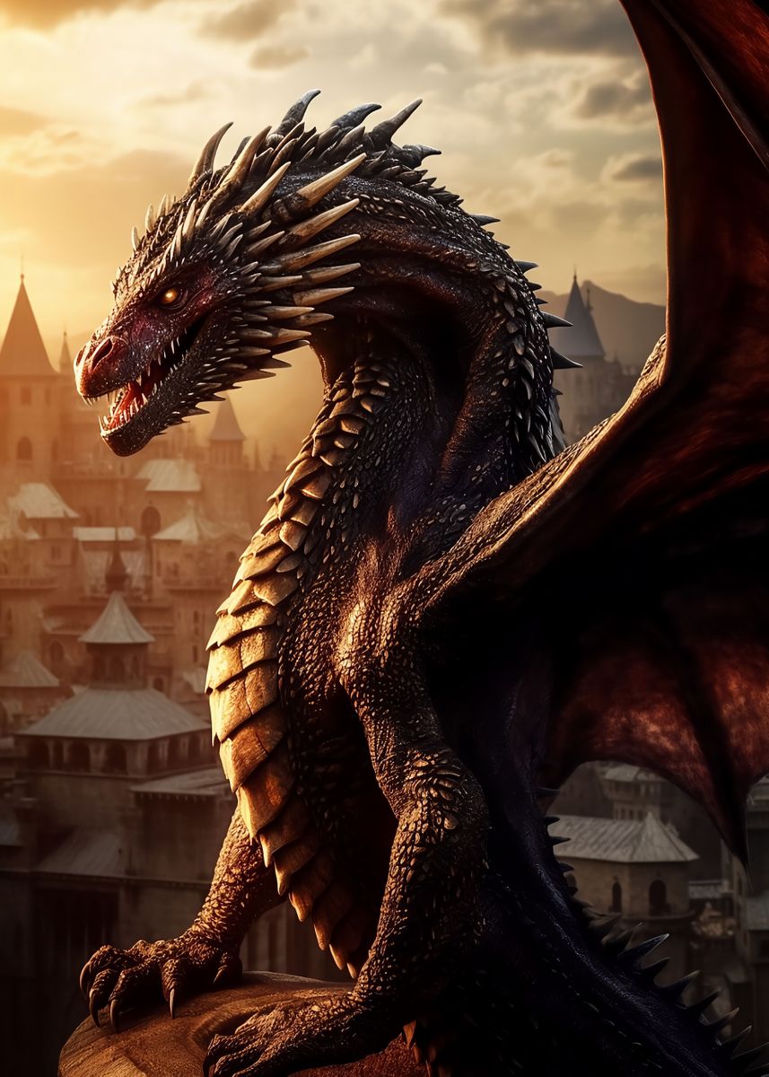 'Dragon Sentinel' Poster, picture, metal print, paint by Pixaverse | Displate