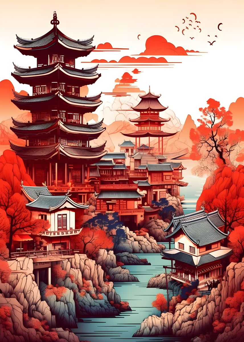 'Oriental Landscape' Poster, picture, metal print, paint by Marcelo ...