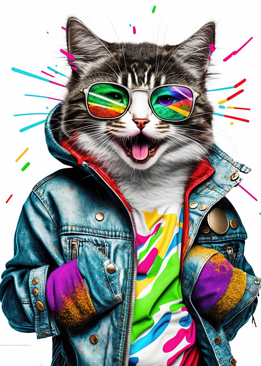 'Colorful Cat 80s Pop Star' Poster, picture, metal print, paint by ...