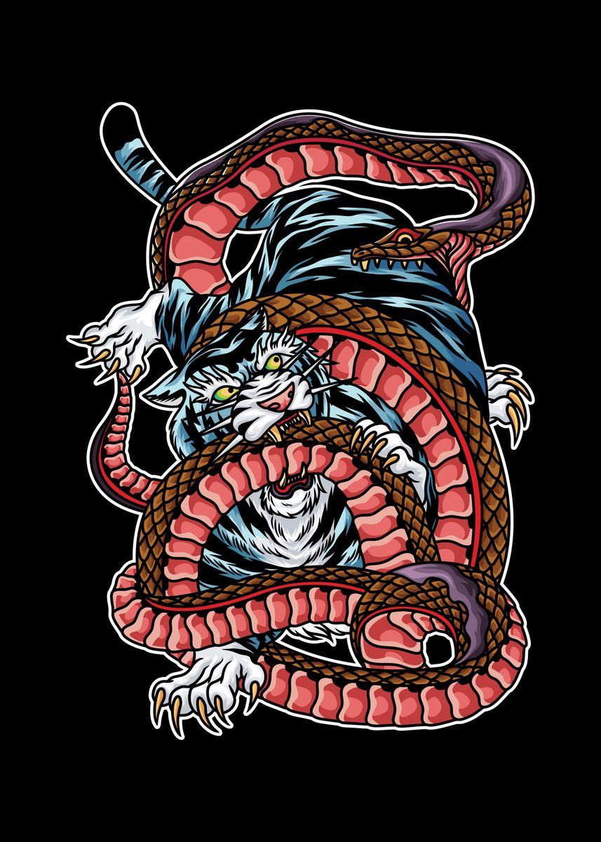 'Tiger vs Snake Tattoo ' Poster, picture, metal print, paint by hendra ...