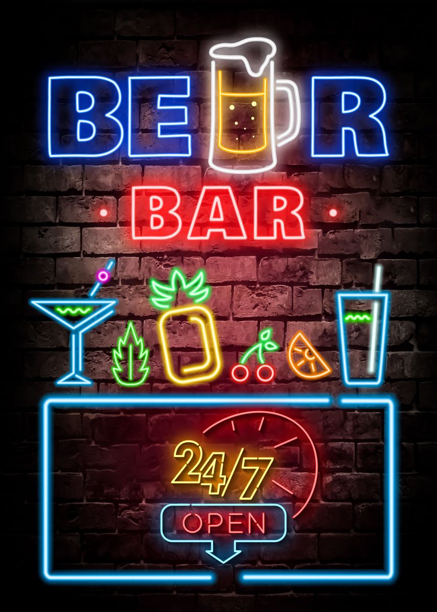 'Beer Bar Open Neon' Poster, picture, metal print, paint by 5Fine ...