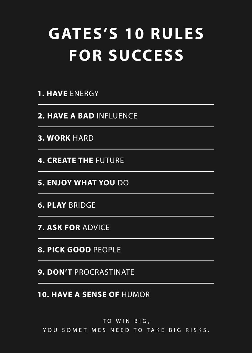 'Gates 10 Rules For Success' Poster, picture, metal print, paint by ...