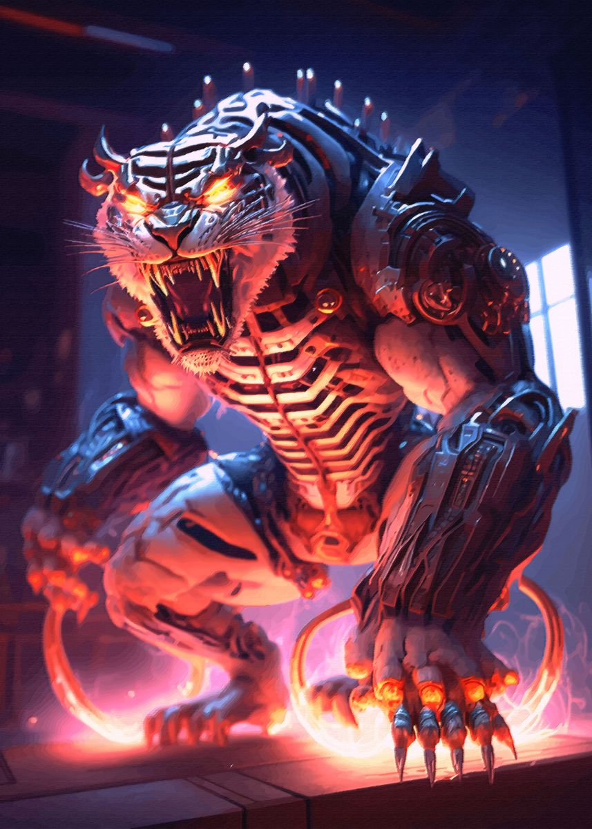 'Tigerbot' Poster, picture, metal print, paint by One Line Artist ...