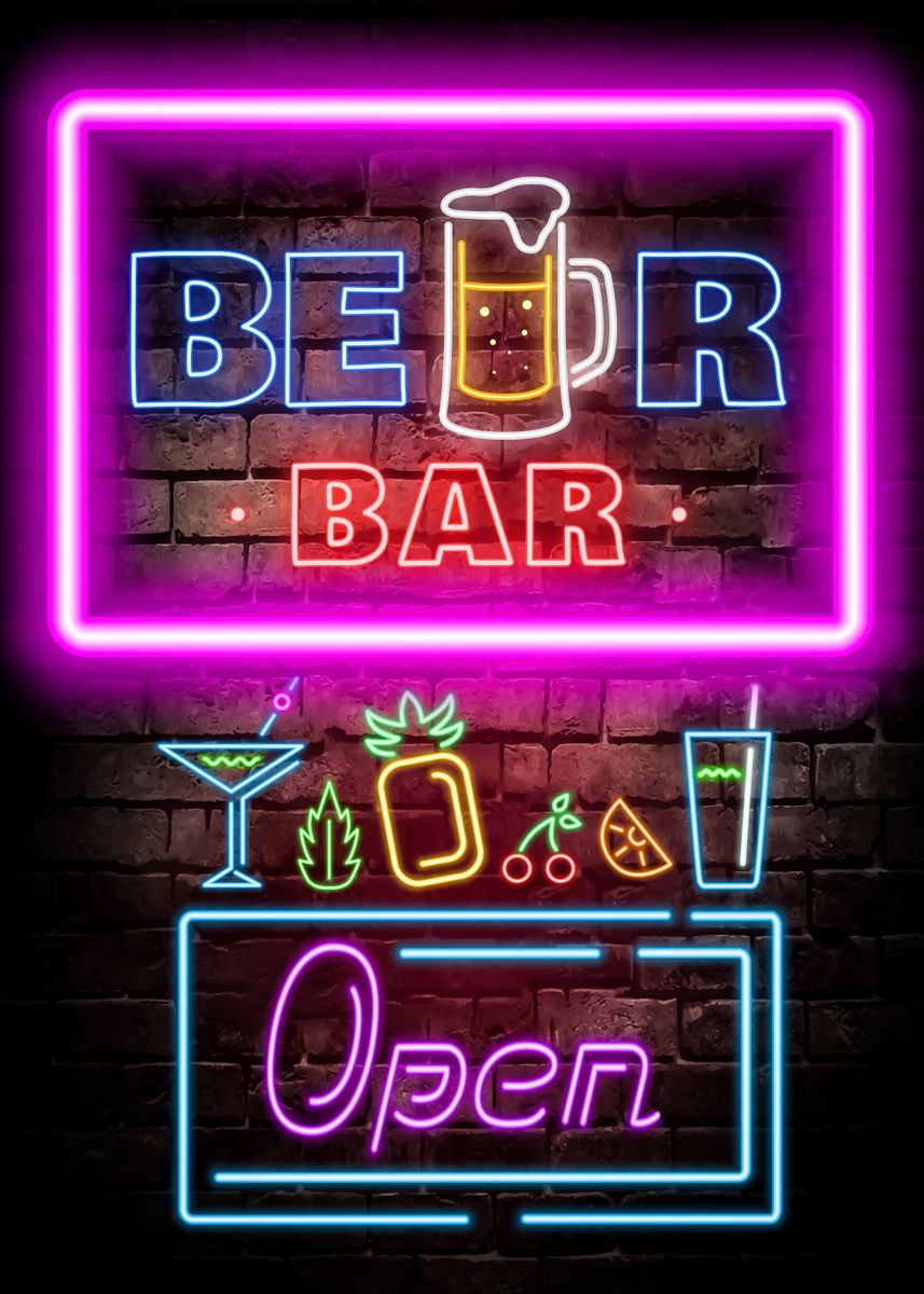 'Beer Bar Open Neon' Poster, picture, metal print, paint by 5Fine ...