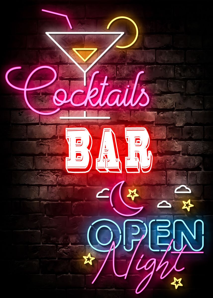 'Cocktail Bar Open Night' Poster, picture, metal print, paint by 5Fine ...