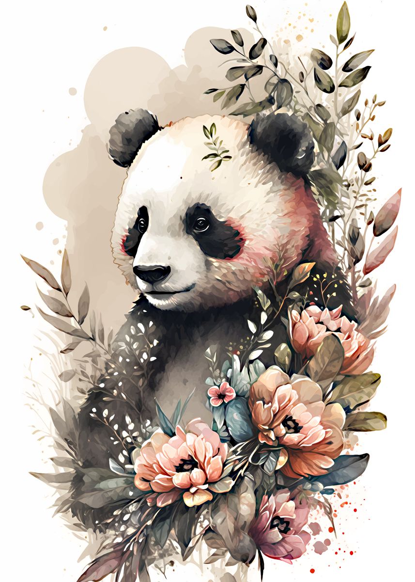 'floral panda watercolor' Poster, picture, metal print, paint by Mounier Wanjak | Displate