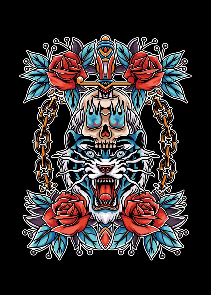 'Tiger Head Skull Tattoo' Poster, picture, metal print, paint by hendra ...
