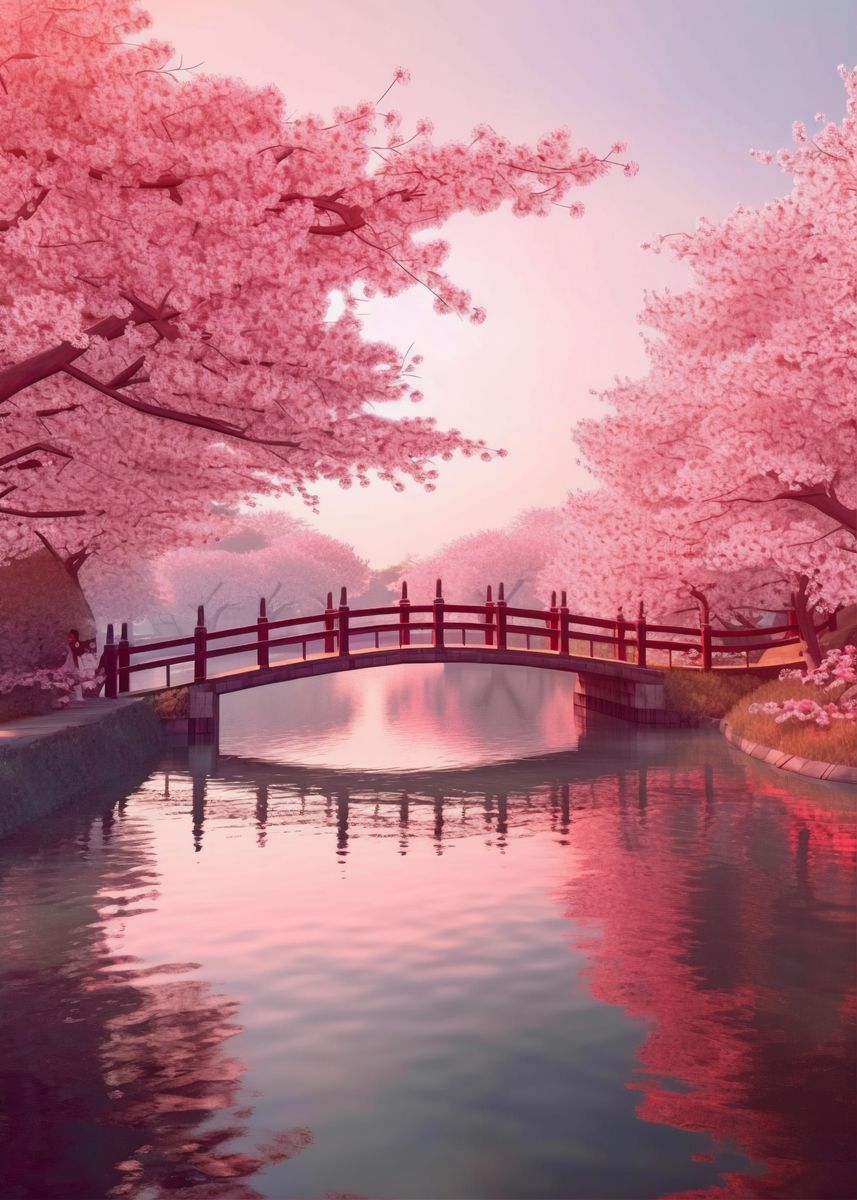 'Cherry Blossom Bridge' Poster, picture, metal print, paint by ...