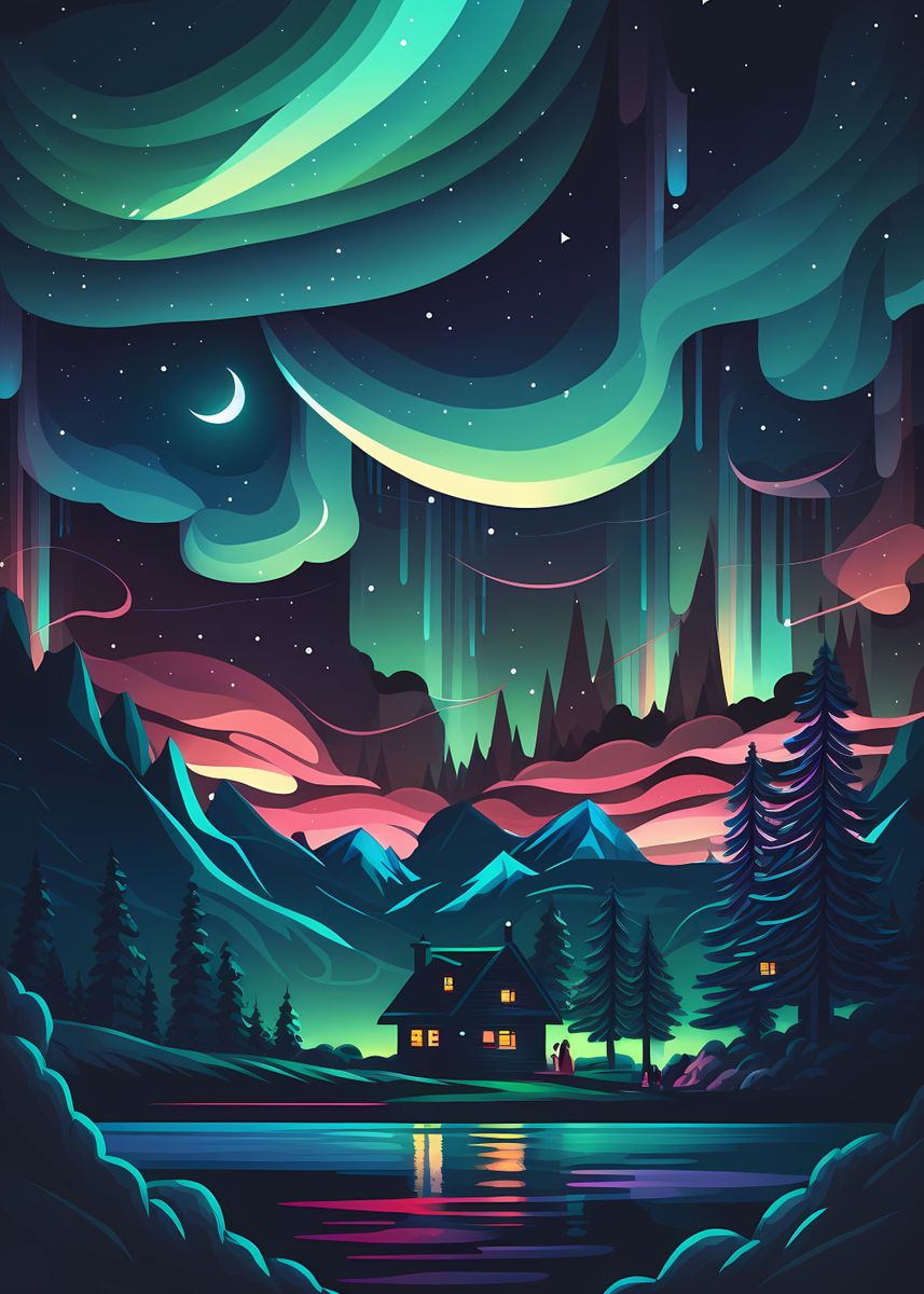 'Northen Lights Landscape' Poster, picture, metal print, paint by ...