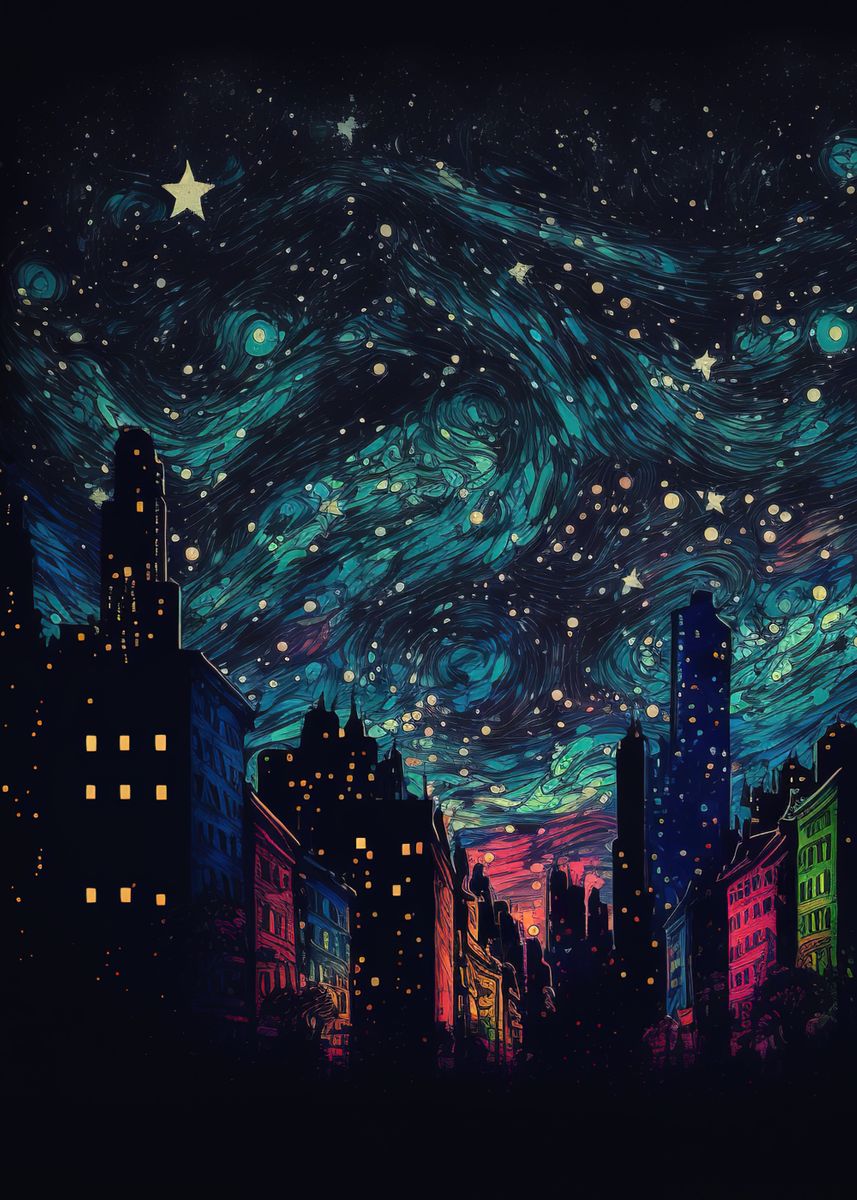 'City at night retro ' Poster, picture, metal print, paint by ...