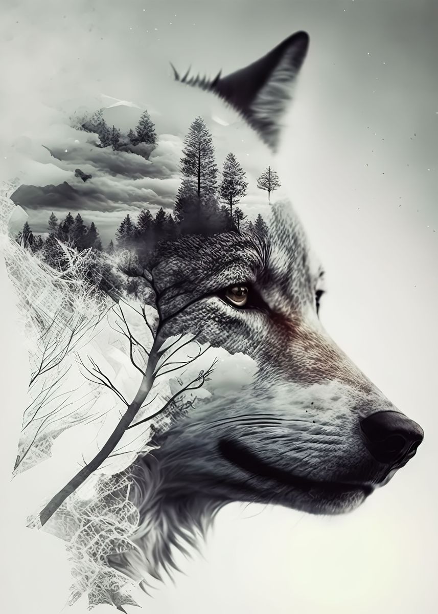 'wolf double exposure' Poster, picture, metal print, paint by Chloe ...