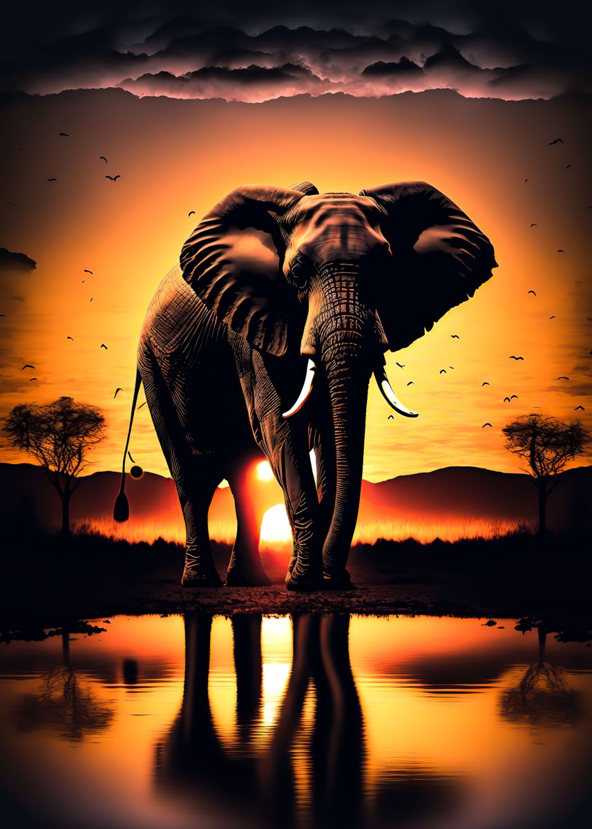 'Elephant sunset' Poster, picture, metal print, paint by Rida Santos ...