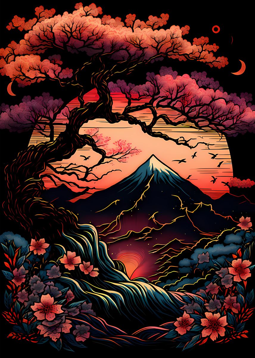 'Japan Neon Cherry Blossom' Poster, picture, metal print, paint by Jay ...