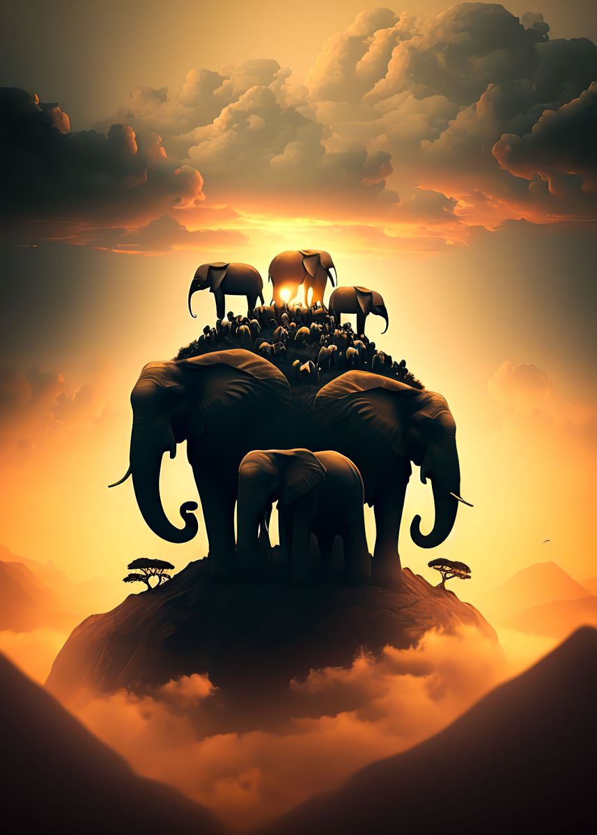 'Elephant sunset ' Poster, picture, metal print, paint by Rida Santos ...