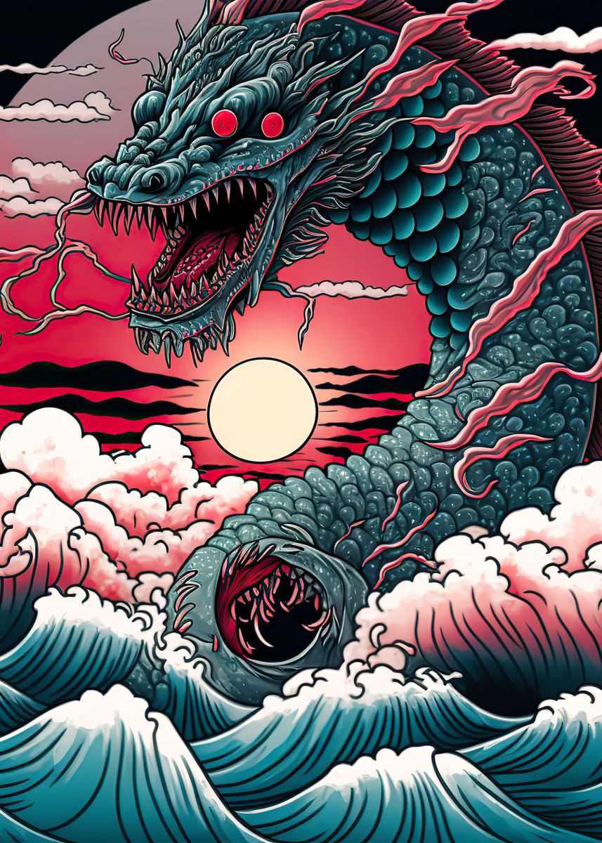 'Dragon Wave Japan Sunset' Poster, picture, metal print, paint by ...