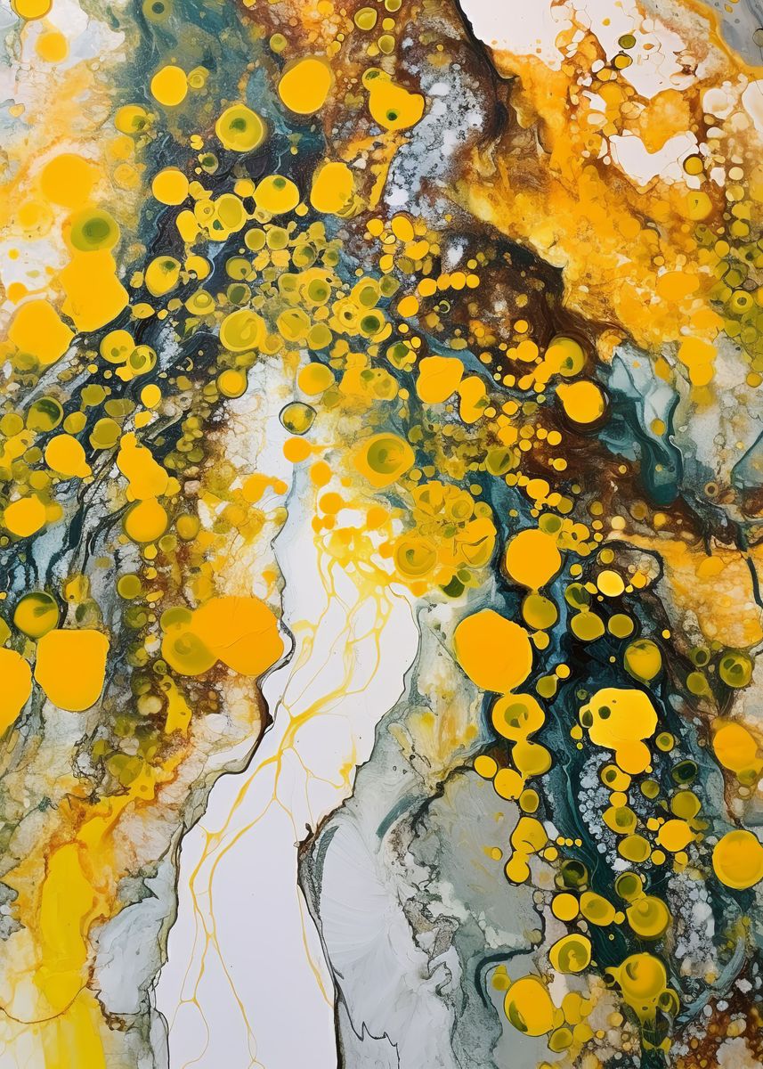 'Yellow Fluid Art Abstract' Poster, picture, metal print, paint by ...