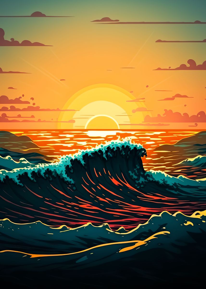 'Waves at ocean sunset' Poster, picture, metal print, paint by Efe ...