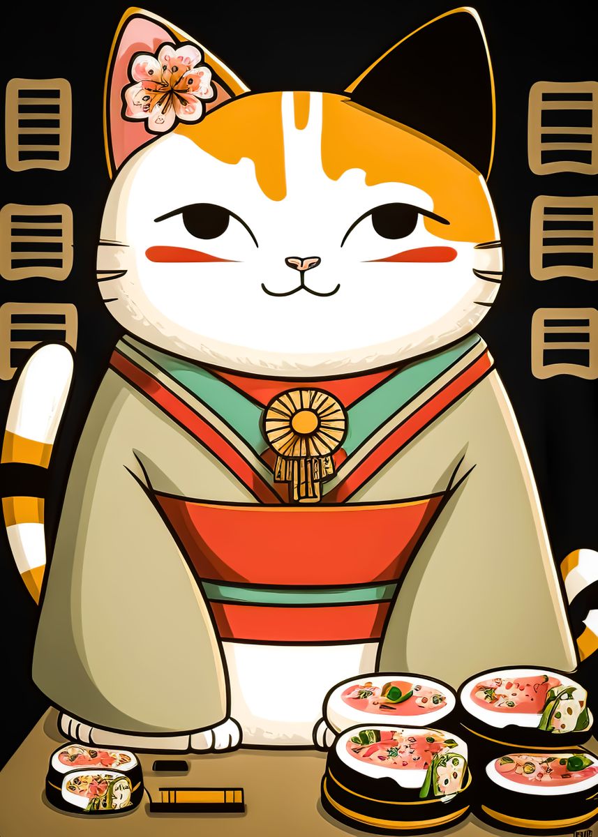 'sushi cat chef japan' Poster, picture, metal print, paint by Finnian ...
