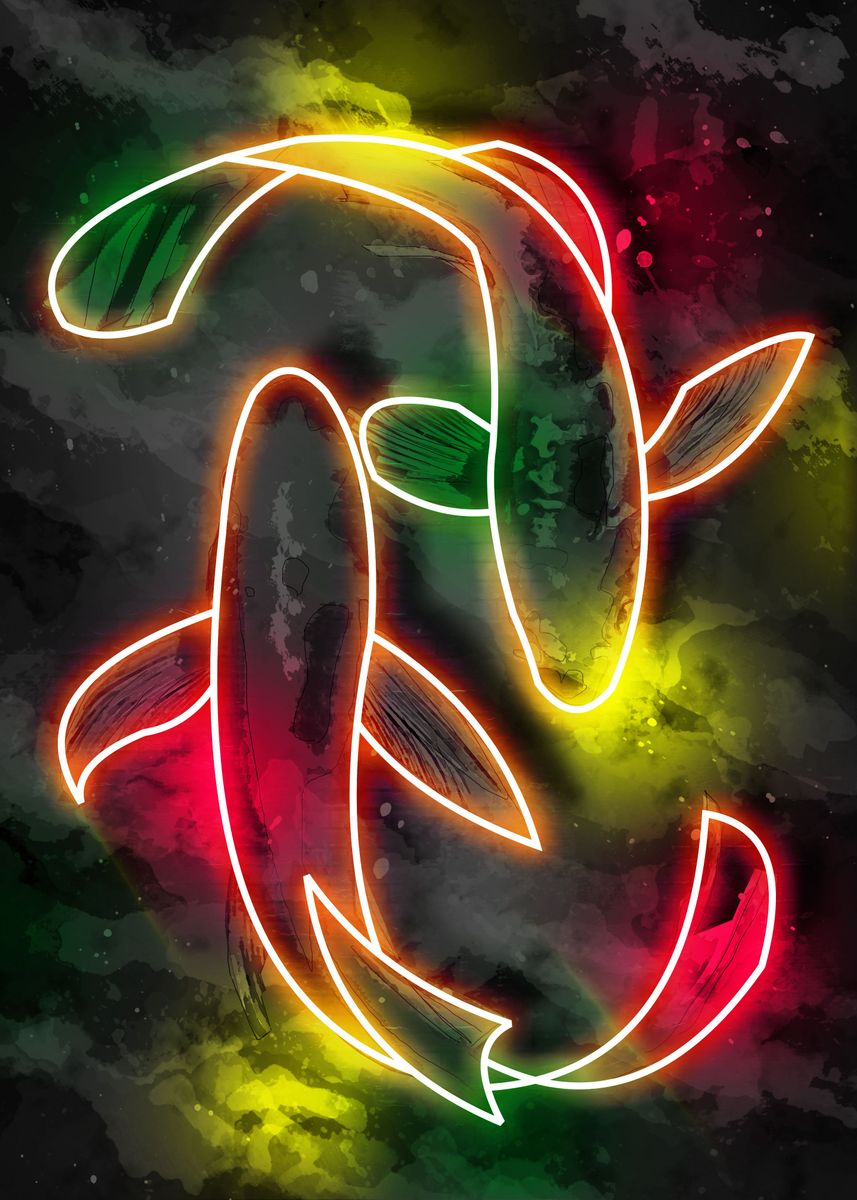 'neon koi fish' Poster, picture, metal print, paint by Izmo Scribbles ...
