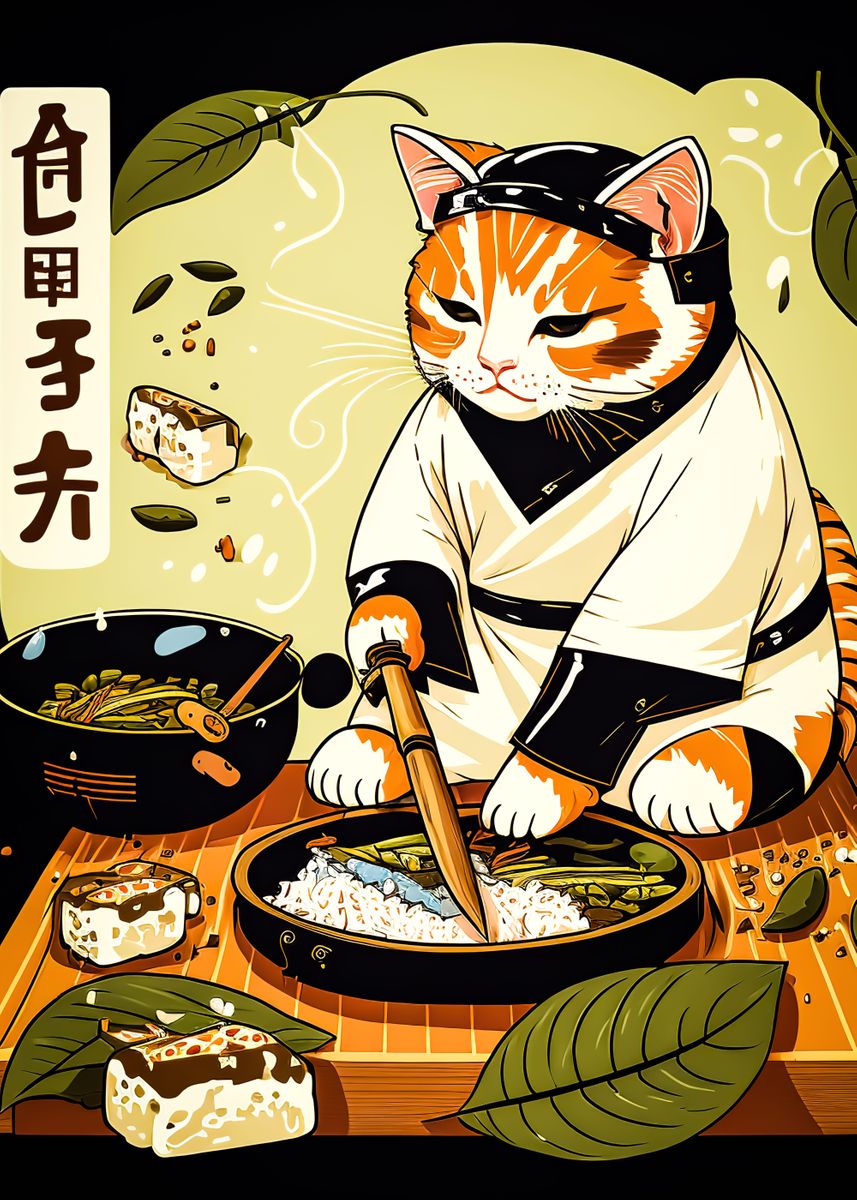 'sushi cat chef japan' Poster, picture, metal print, paint by Finnian ...