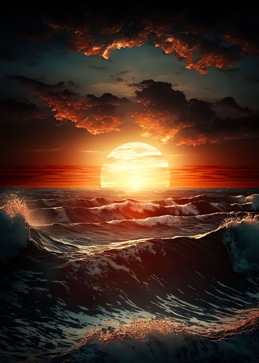 'Waves at ocean sunset' Poster, picture, metal print, paint by Efe ...