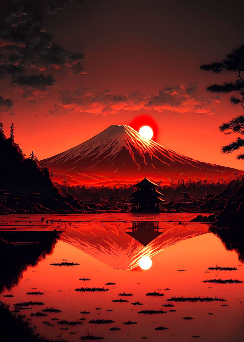 'Red Sunset over Mount Fuji' Poster, picture, metal print, paint by ...