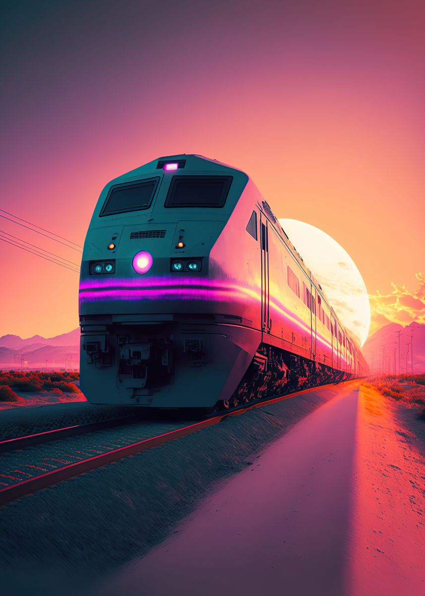 ' Locomotive Train Sunset' Poster, picture, metal print, paint by ...
