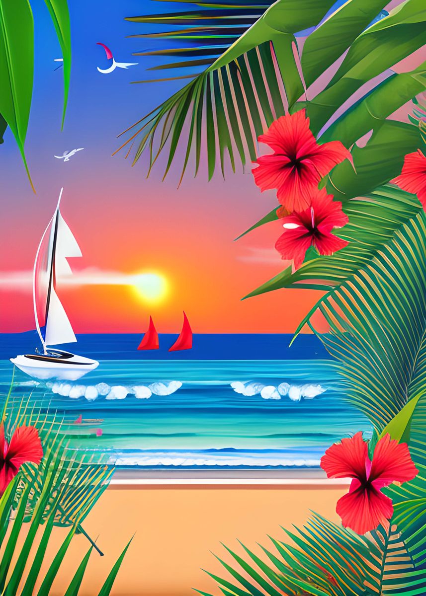 'Tropical Beach Scene ' Poster, picture, metal print, paint by Sarah ...