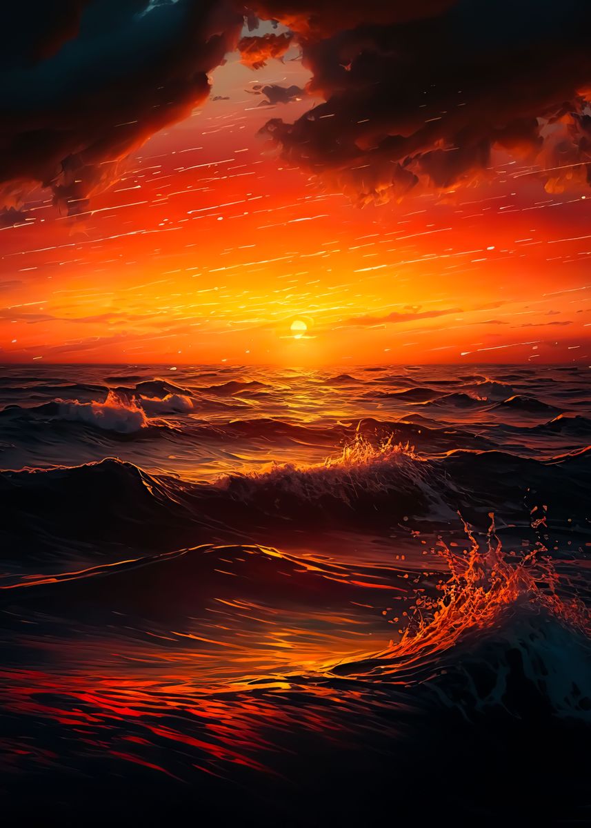 'Waves at ocean sunset' Poster, picture, metal print, paint by Efe ...