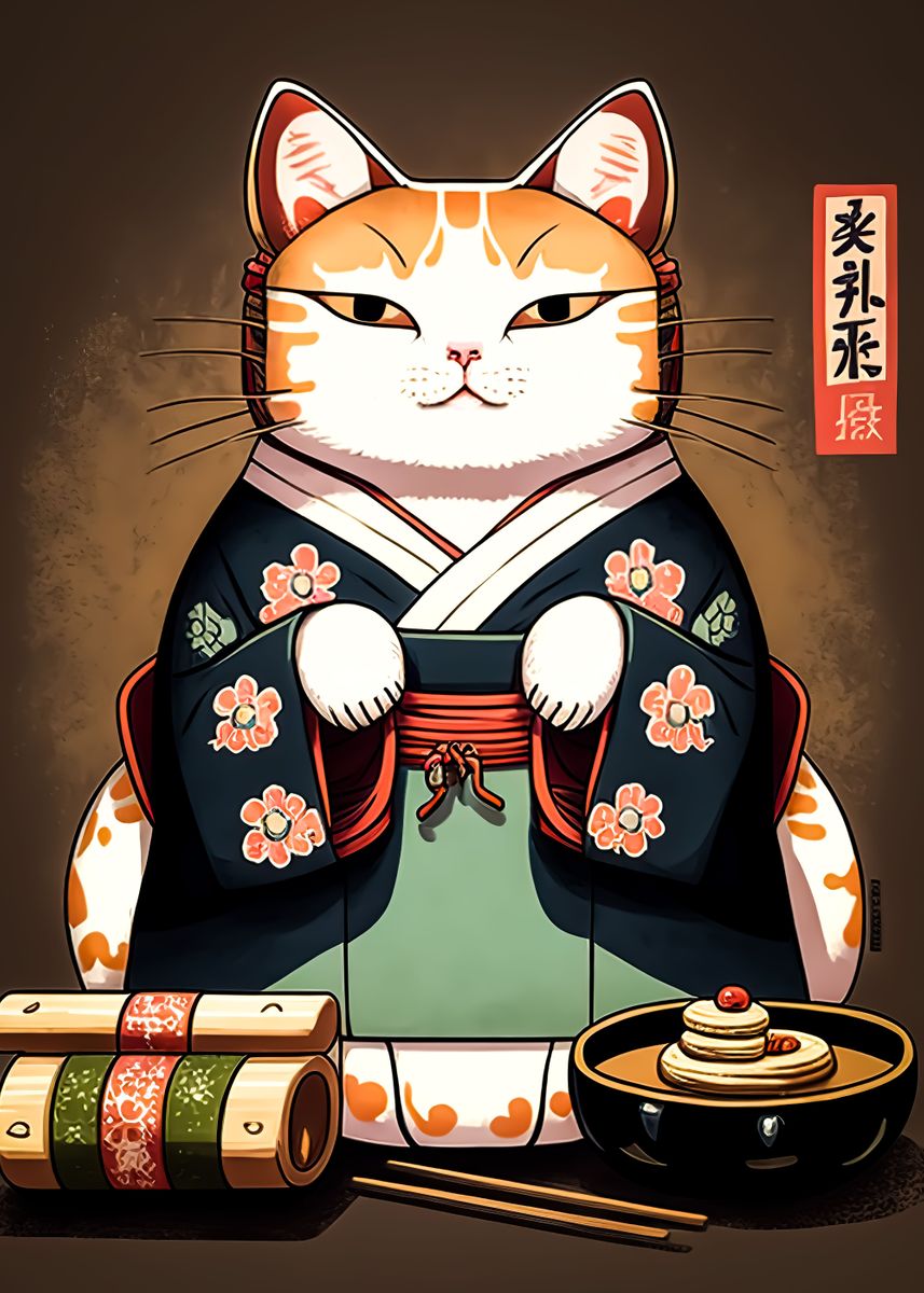 'sushi cat chef japan' Poster, picture, metal print, paint by Finnian ...