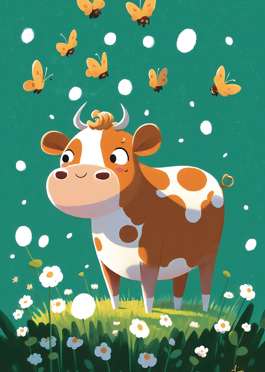 'Cow and butterflies' Poster, picture, metal print, paint by Nathan ...