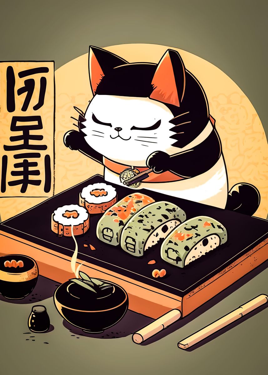 Cat With Sushi Poster