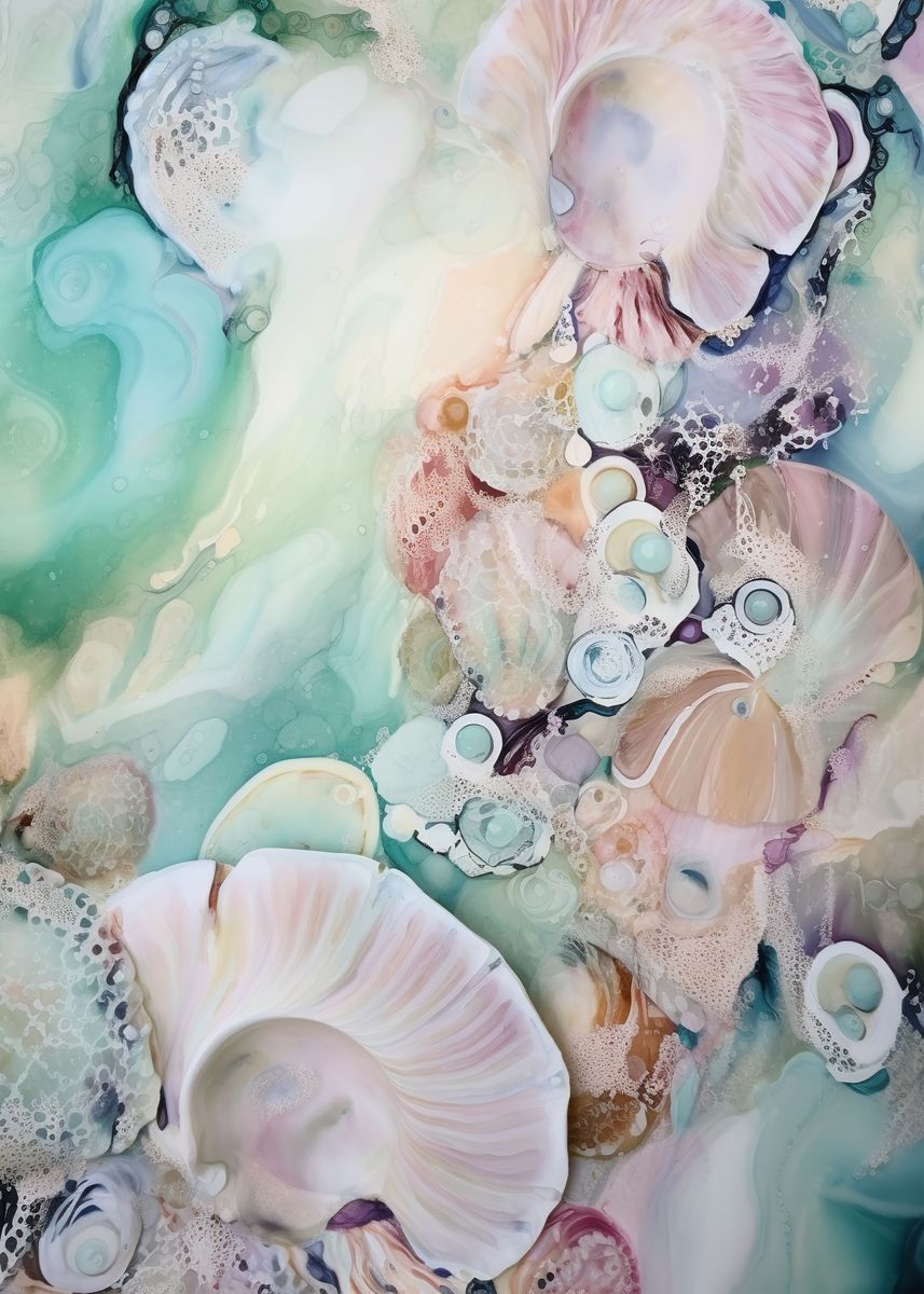 'Ocean Seashells Paint Pour' Poster, picture, metal print, paint by ...