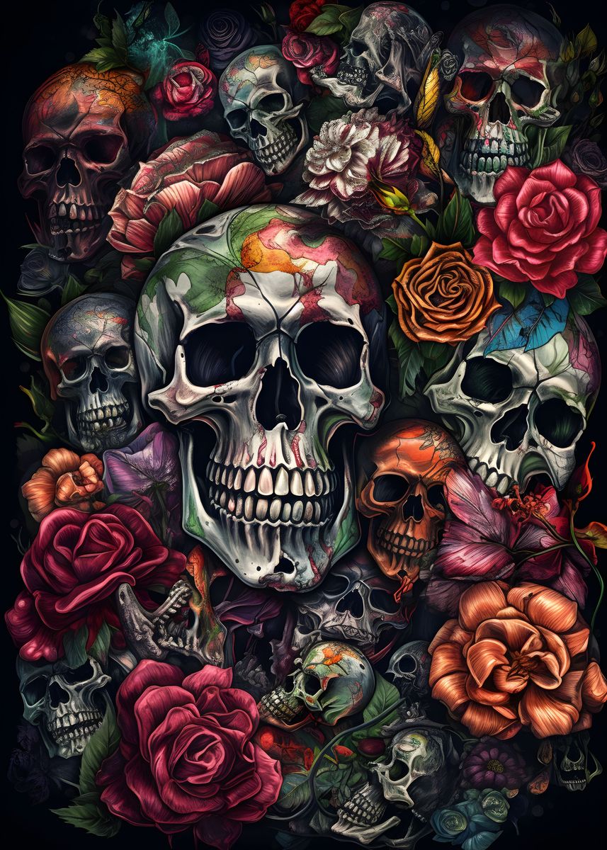 'Skull and Roses Skull Rose' Poster, picture, metal print, paint by ...