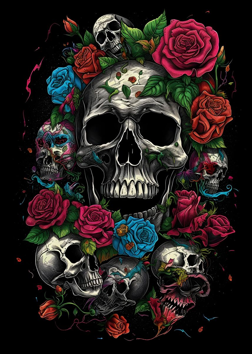 'Skull and Roses Skull Rose' Poster, picture, metal print, paint by ...