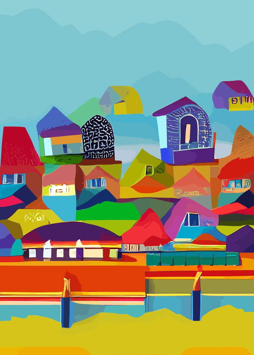 'Village abstract' Poster, picture, metal print, paint by Wisnu ...