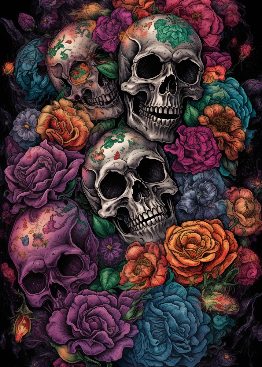 'Skull and Roses Skull Rose' Poster, picture, metal print, paint by ...