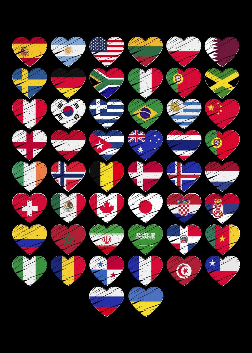 'World Love flags hearts' Poster, picture, metal print, paint by Chris ...