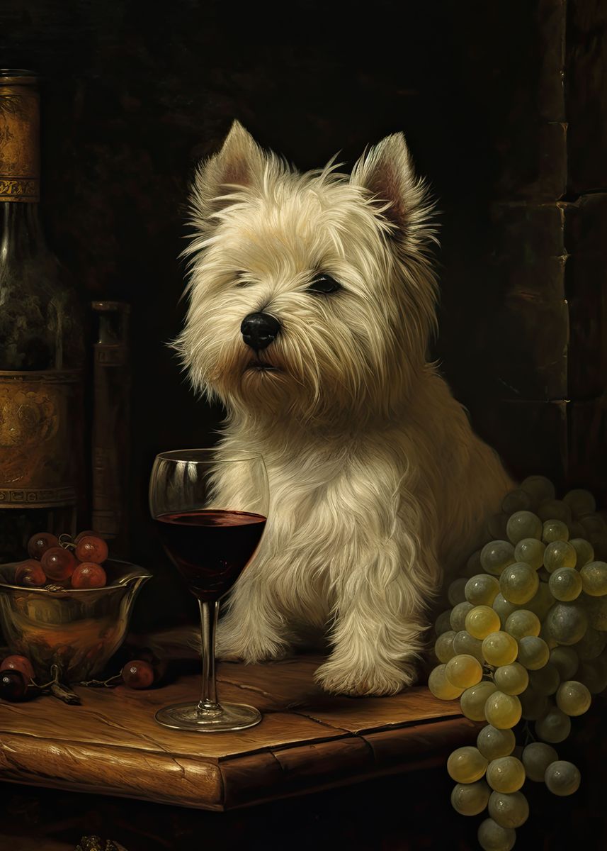 'Westie Enjoying Wine ' Poster, picture, metal print, paint by PetPrints | Displate