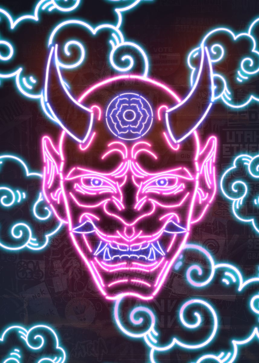 'Neon Hannya Mask Japanese' Poster, picture, metal print, paint by ...