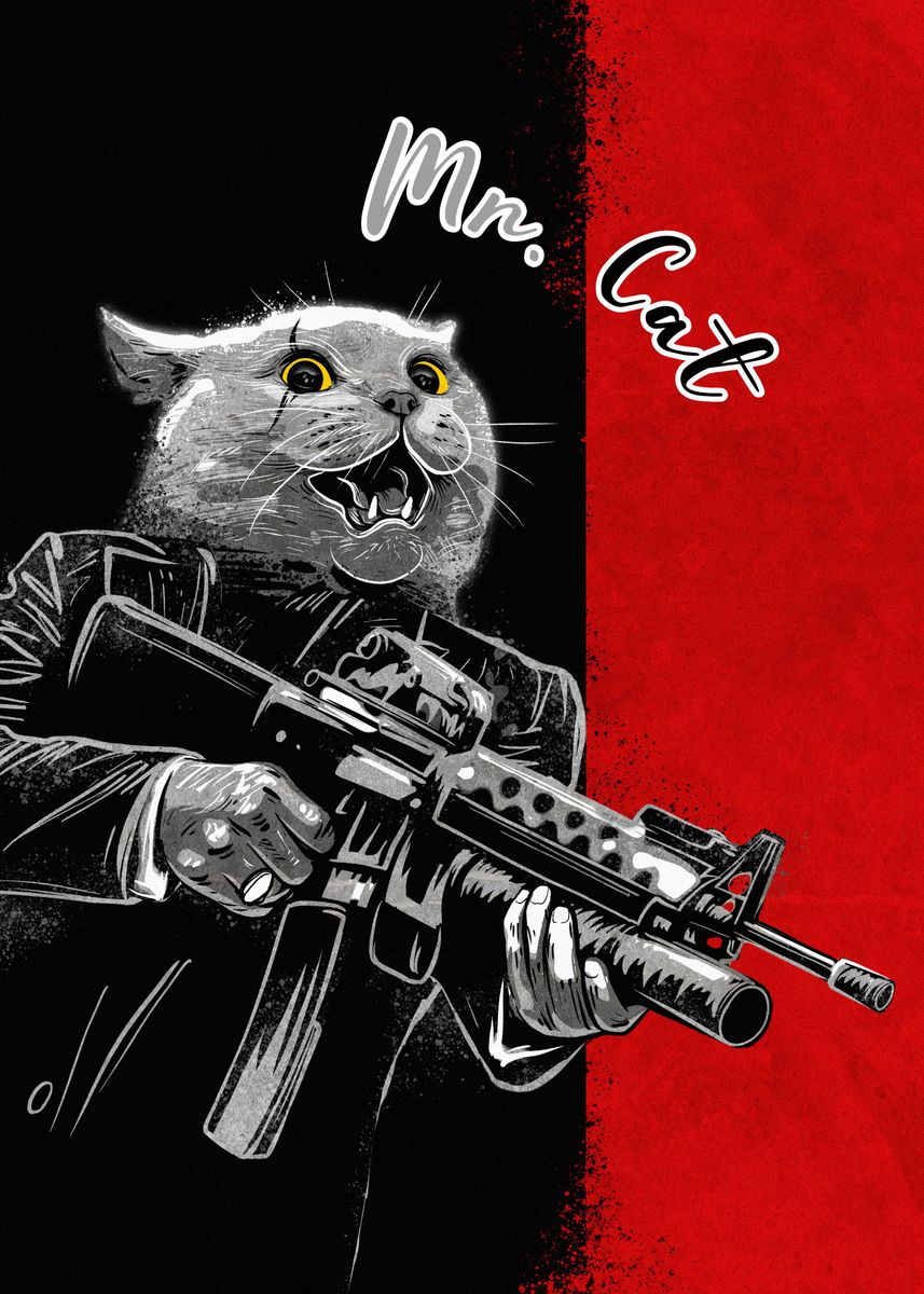 'Angry Cat With his Gun' Poster, picture, metal print, paint by P U F F ...