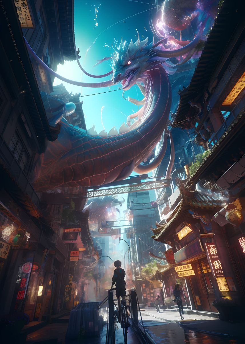 'Fantasy Dragon in the city' Poster, picture, metal print, paint by ...