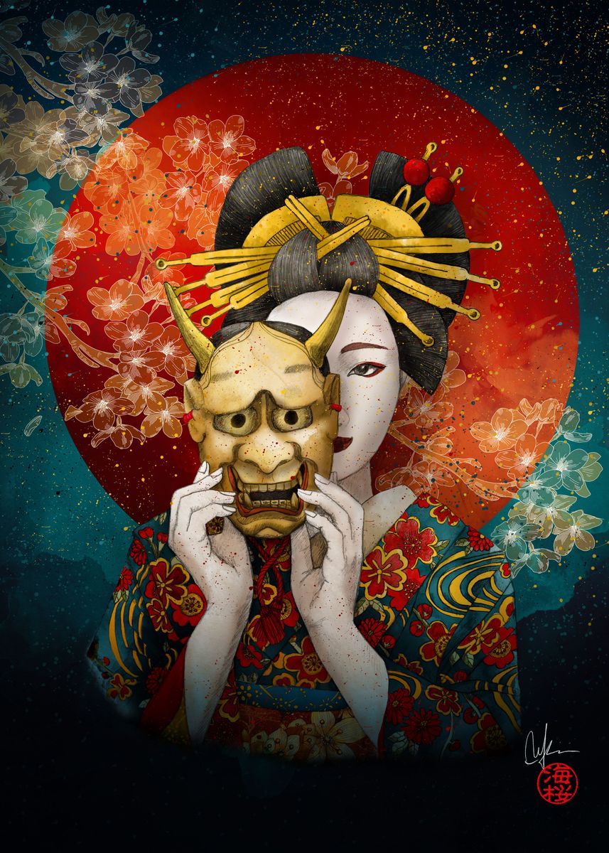 'Geisha and Mask' Poster, picture, metal print, paint by Marine Loup ...