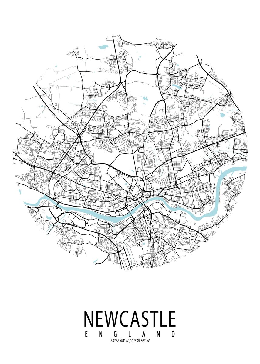 'Newcastle City Map Circle' Poster, picture, metal print, paint by deMAP Studio | Displate