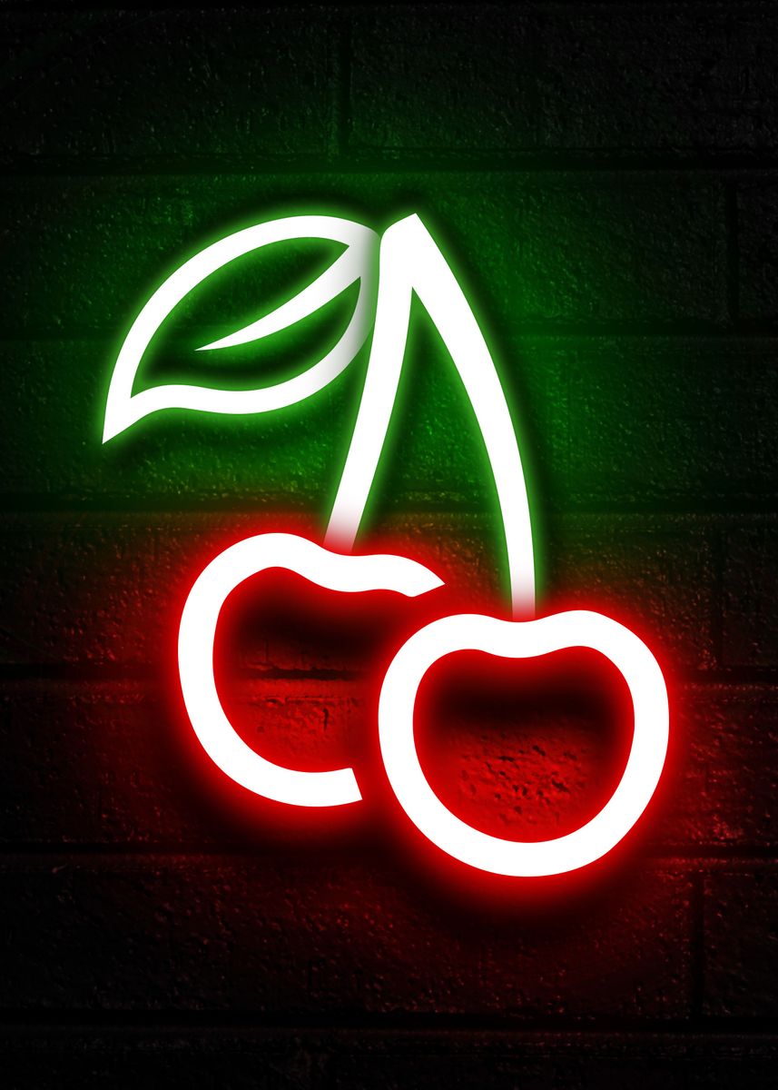 'Cherry fruit neon sign' Poster, picture, metal print, paint by Kitty ...