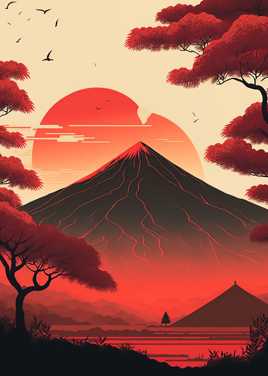 'Red Sunset over Mount Fuji' Poster, picture, metal print, paint by ...