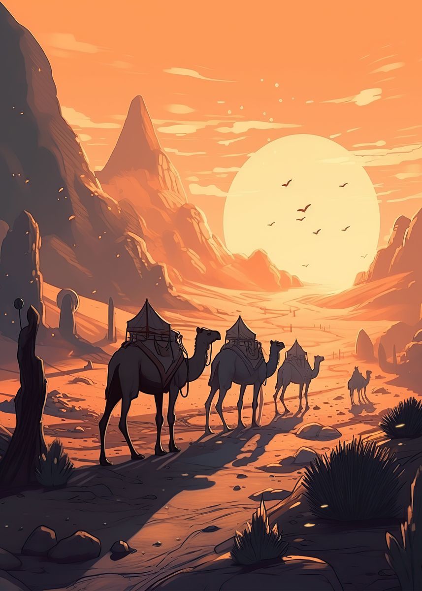 'Camels desert' Poster by Silhouette Anime Art | Displate